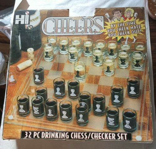 Cheers Chess & Checker Set Glass Board 32 Shot Glasses Drink Game By H ...