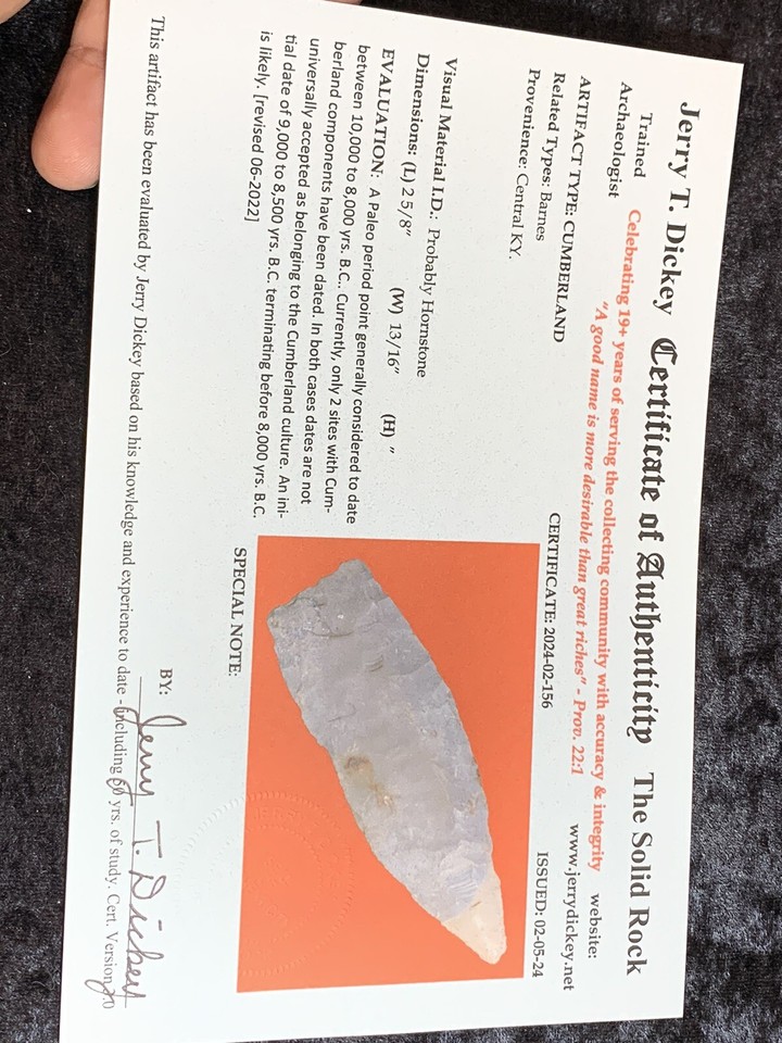 Authentic Ancient Paleo Cumberland Arrowhead Dickey COA Central ...