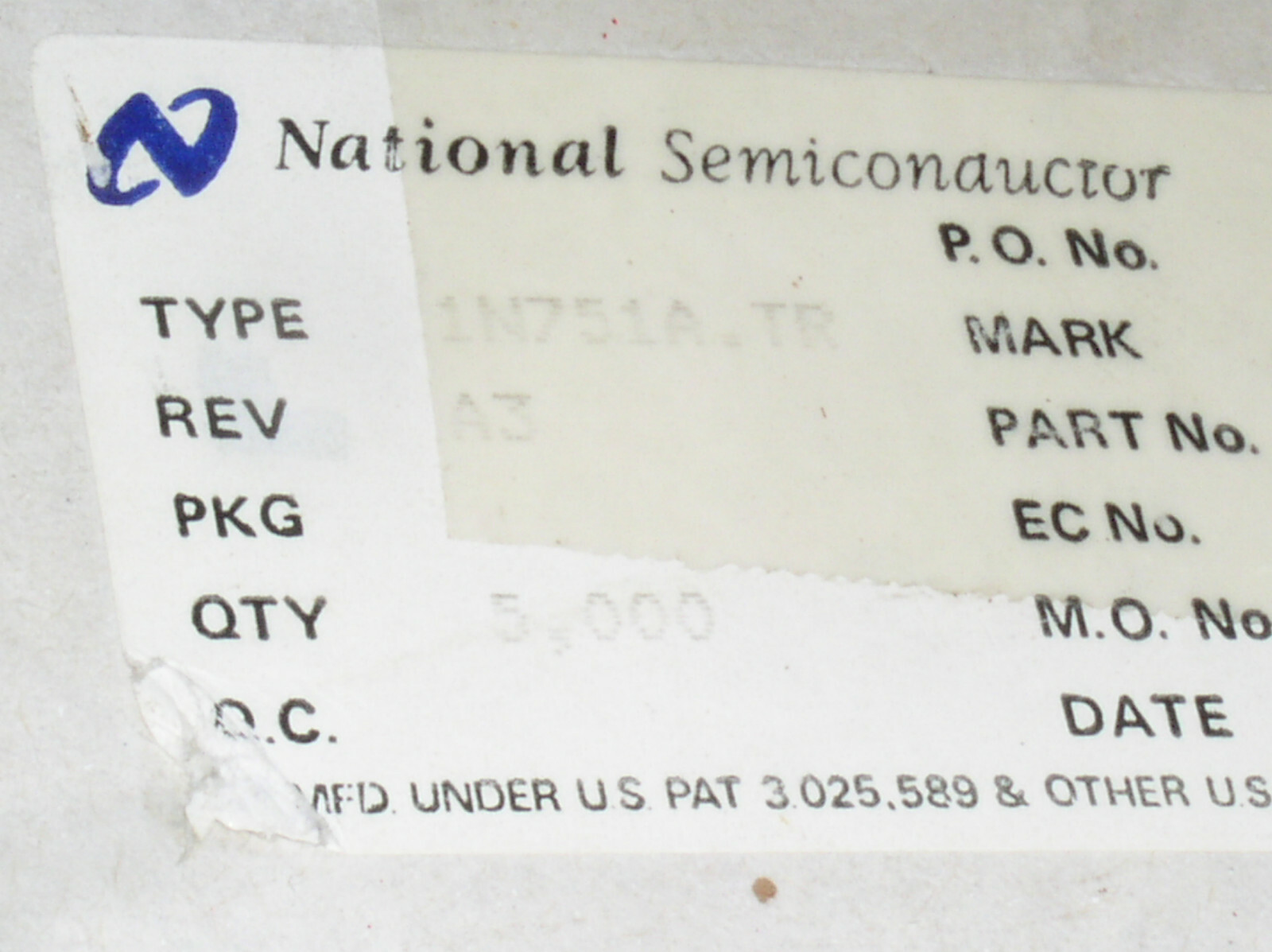 5 NATIONAL 1N751A 5.1V 5 VOLT ZENER REGULATOR DIODE DO35 500MW .5W 1/2 ...