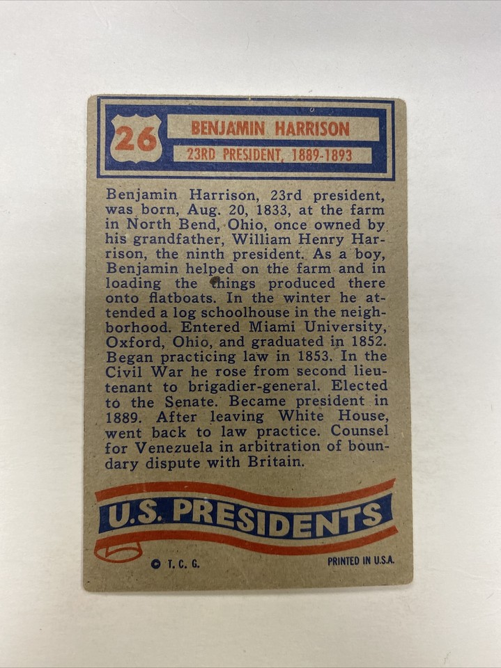 1956 Topps U.S. Presidents Benjamin Harrison President Card #26 | eBay