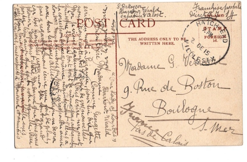 Hatch End Middlesex 2 Dec 1915 Skeleton Postmark On Unstamped Postcard ...
