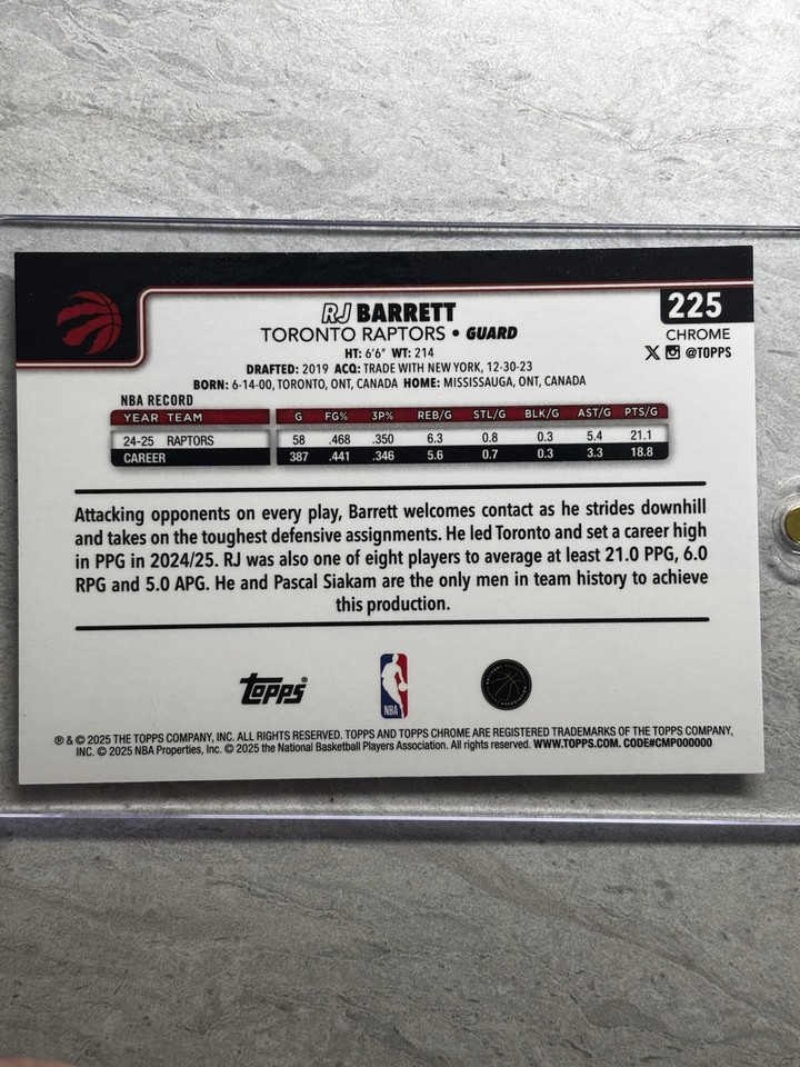 2025-26 Topps Chrome Basketball RJ Barrett Blue Wave Refractor /150 ...
