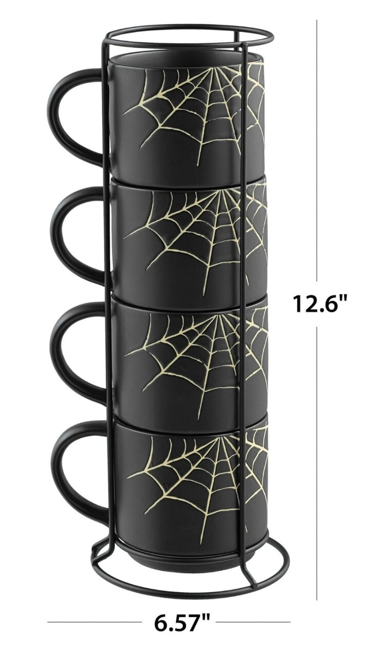4 Piece 12 Oz Black Spider Web Glazed Ceramic Stacking Mug Set W/ Metal ...