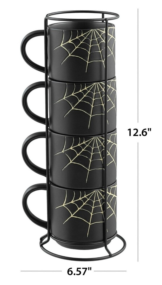 4 Piece 12 Oz Black Spider Web Glazed Ceramic Stacking Mug Set W/ Metal ...