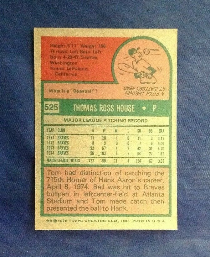 1975 #525 Topps Tom House Braves NM-MT or Better Baseball Free Shipping ...