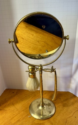 Vintage Brass Tabletop Shaving Mirror Stand Two-Side Round w Brush ...