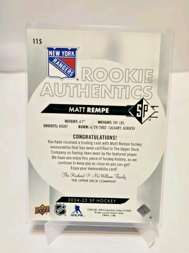MATT REMPE 2024-25 SP Authentic Rookie Authentics Jersey #115 NEW YORK ...