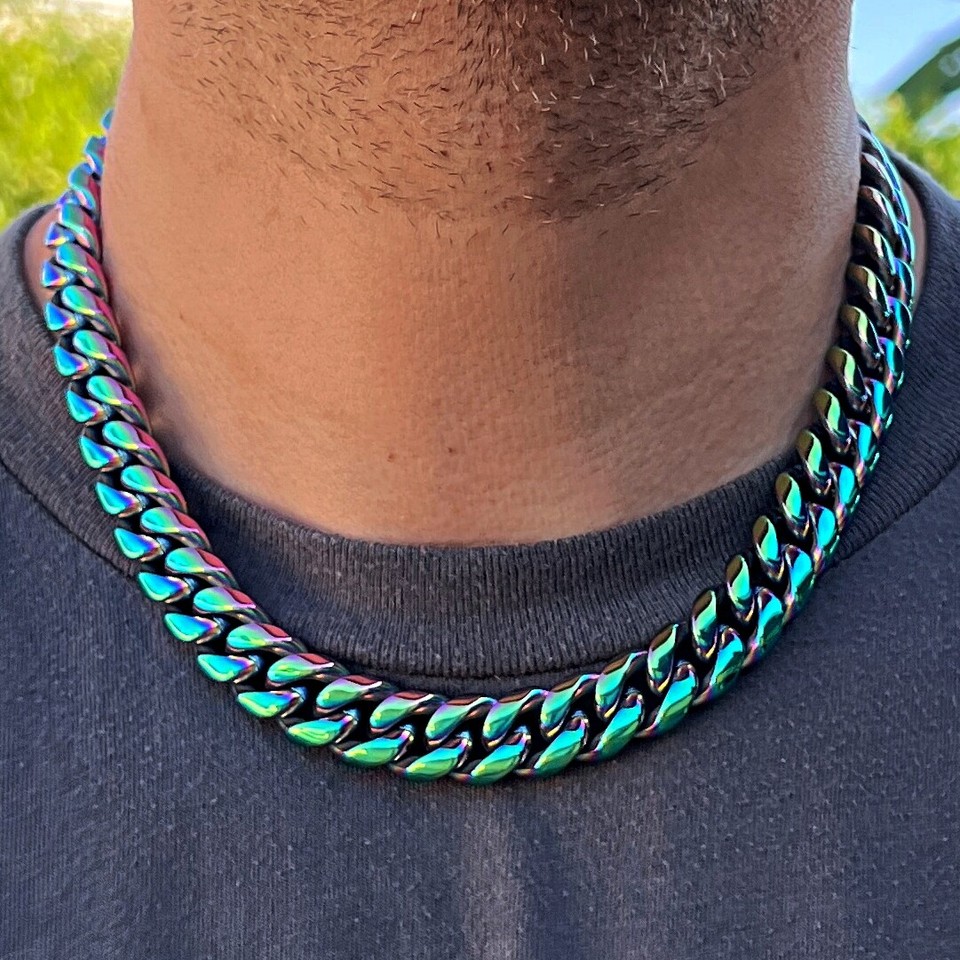 Men's Miami Cuban Link Chain Multicolor 316L Stainless Steel 14MM Thick ...
