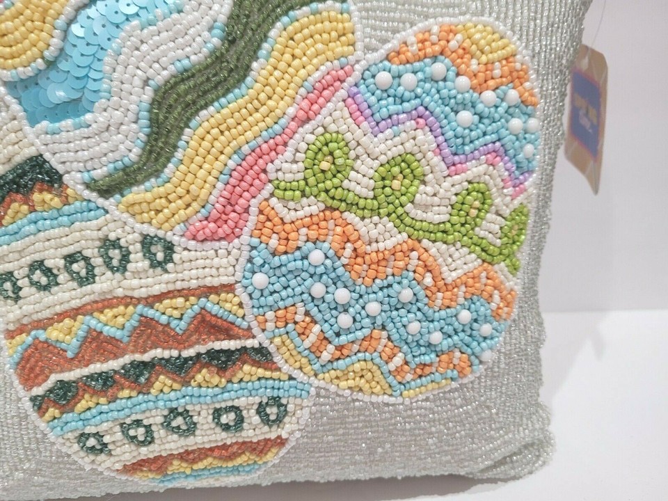 Easter Pastel Egg Yellow Blue Pink Beaded Throw Pillow Gorgeous! 12" x ...