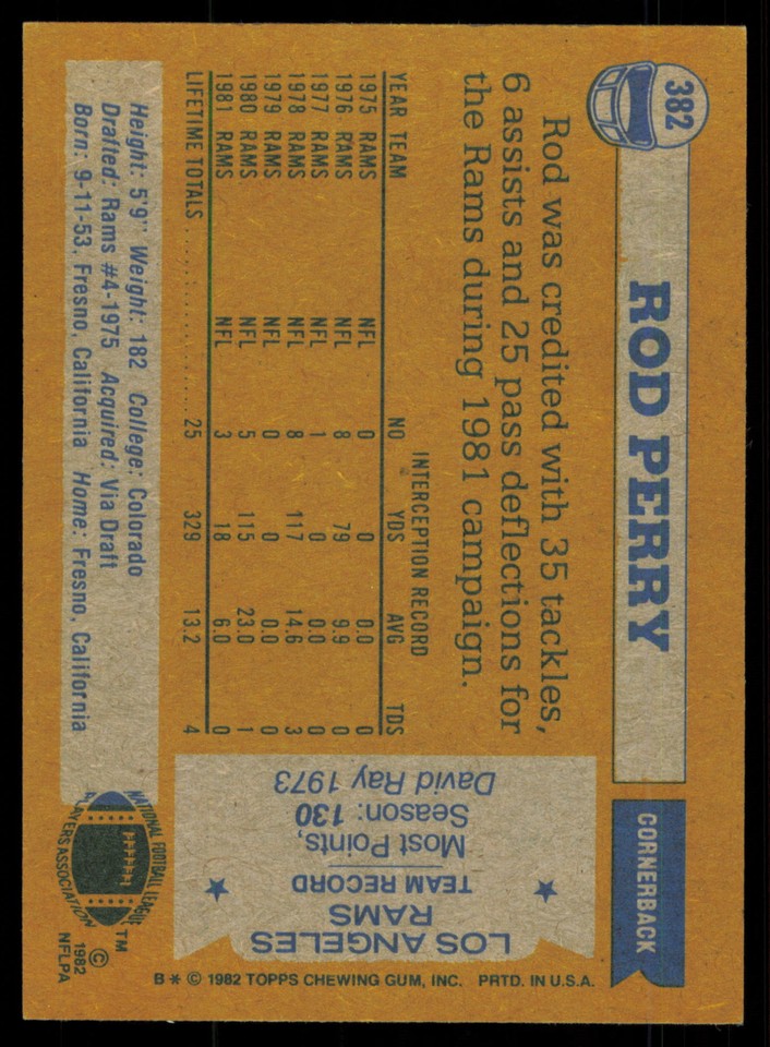 1982 Topps Football #382 Rod Perry Los Angeles Rams | eBay