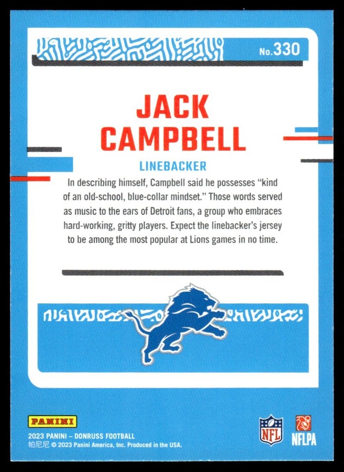 2023 Donruss Rated Rookie Jack Campbell Rookie Detroit Lions #330 | eBay