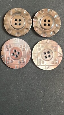 4 Antique Vintage Carved Etched Button Lot Set Shell MOP Abalone Mother ...