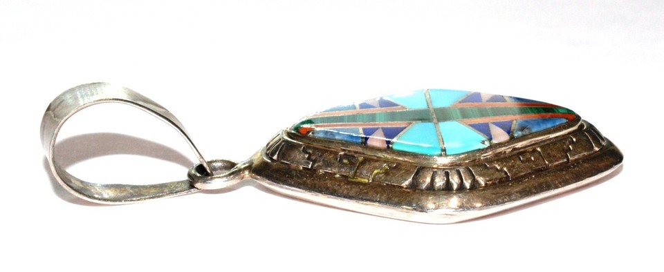 Navajo Native American Sterling Silver Gemstone Inlay Pendant B. Yazzie ...
