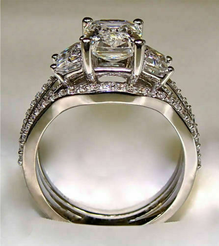 3.0 Ct Emerald Cut Simulated Diamond Wedding Bridal Ring Set 925 ...