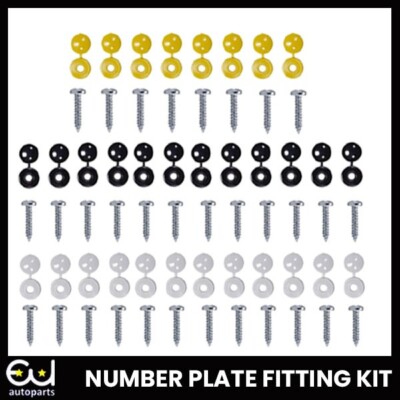 32 x NUMBER PLATE CAR FIXING FITTING KIT SCREWS & CAPS HINGED BLACK ...