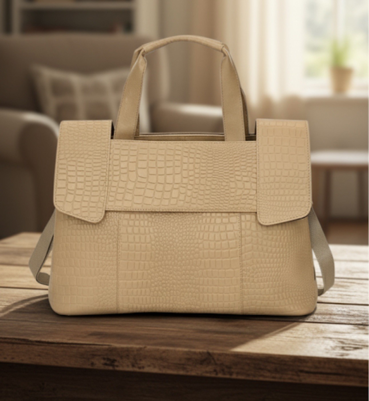 Elegant Tan Genuine Leather Structured Handbag with Dual Handles ...