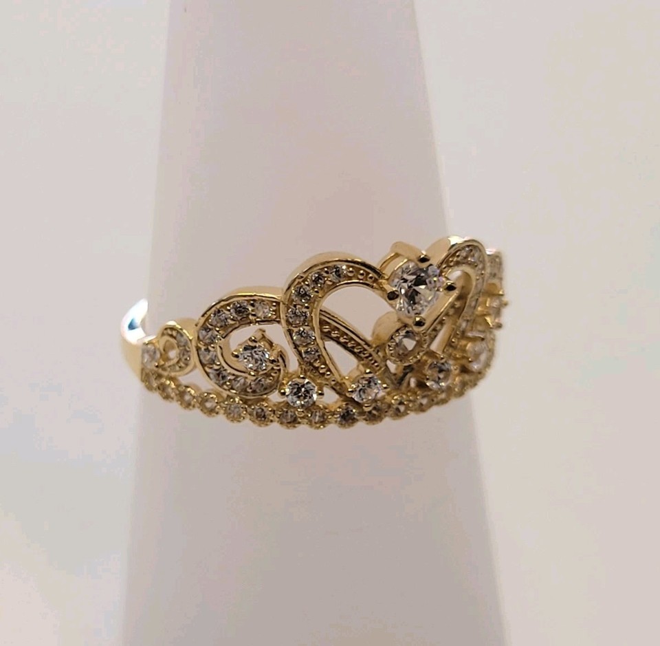Real 14k Yellow Gold CZ Crown Princess Queen Heart Shape Ring Band ...