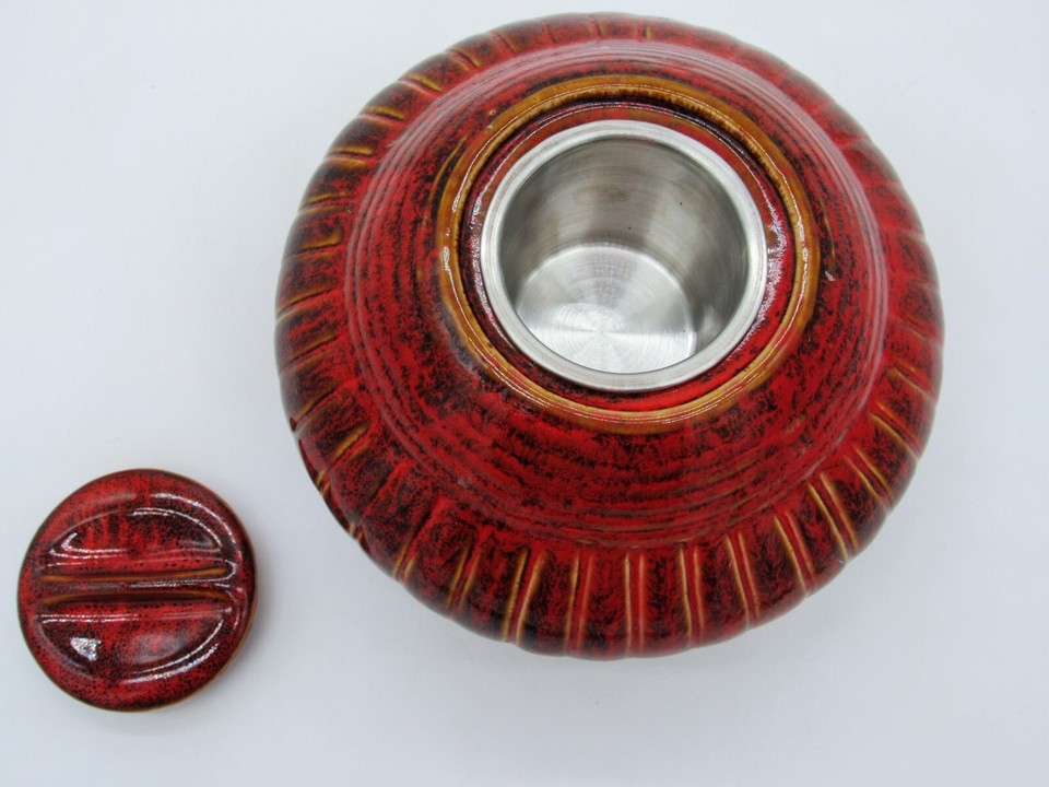 Art Pottery Table Top Gel Fire Burner Flame Pot - Red Glazed with Lid ...