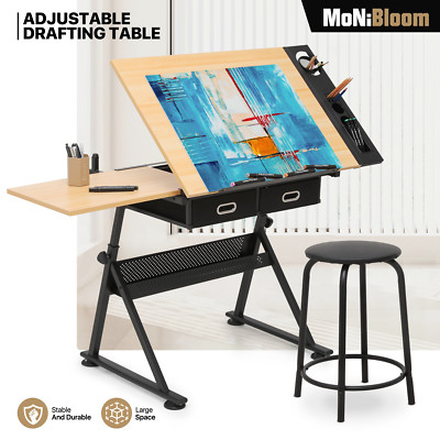 Drafting Drawing Table[STOOL+DRAWER]Adjustable Wood Tabletop Craft Work ...