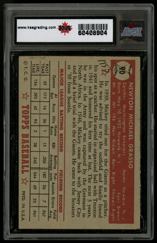 1952 TOPPS BASEBALL ~ #90 ~ MICKEY GRASSO ~ WASHINGTON SENATORS ~ KSA 8 ...