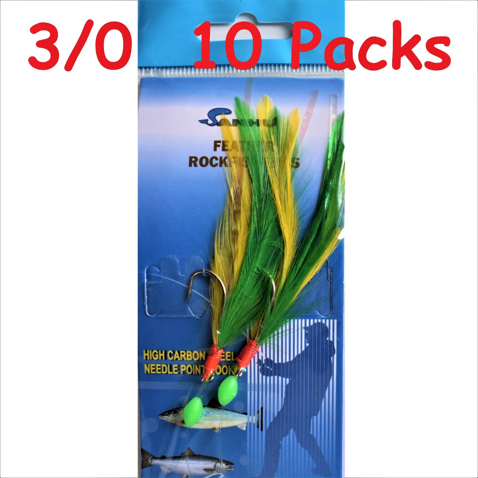 10 Packs 3/0 Rock Cod Feather Rigs 2 Hooks Green/Yellow Rockfish Bait ...