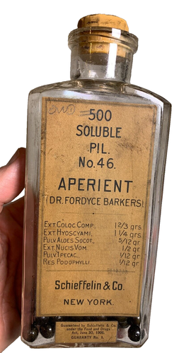 Antique Bottle ORIGINAL PILLS LABEL Aperient Dr. Barkers Schieffelin ...