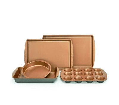 5 Pc Copper Bakeware Set Nonstick Baking Sheet Muffin Loaf Square Round ...