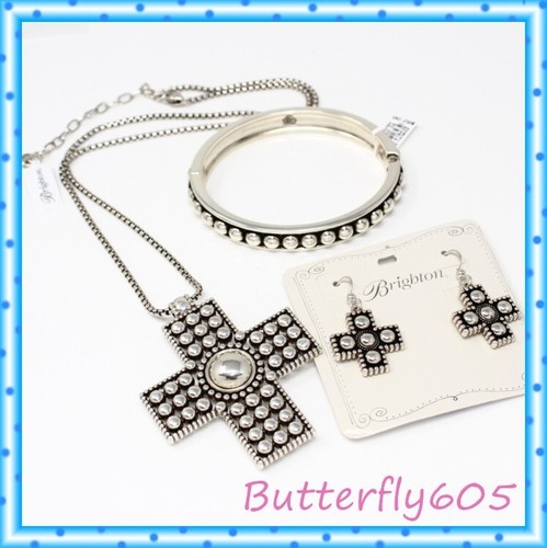 Brighton Pretty Tough Bold Cross Necklace Earrings Bangle Set NWT Pouch ...