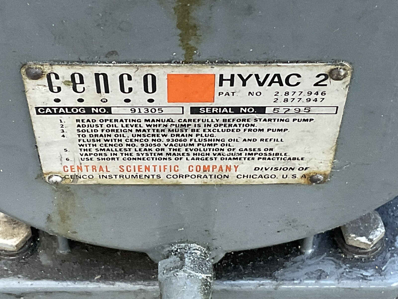Cenco HyVac 2 Rotary Vane Belt Driven Vacuum Pump, 1/4 HP, 115V,local ...