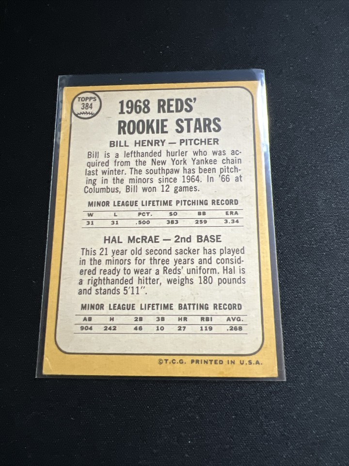 BILL HENRY + HAL MCRAE 1968 Topps Baseball #384 Cincinnati Reds Rookie ...