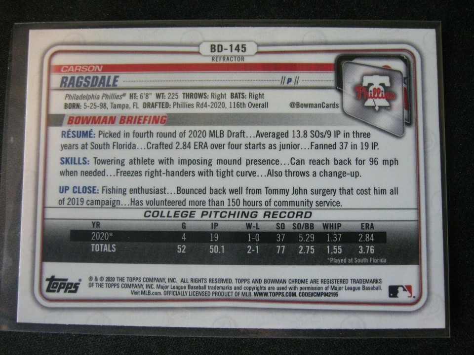 CARSON RAGSDALE 2020 1st Bowman Chrome Draft Refractors BD-145 Phillies ...