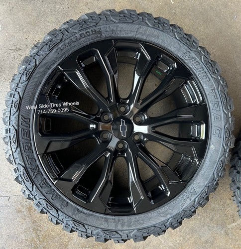 22” 2022 2023 GMC SIERRA YUKON BLACK WHEELS SILVERADO TAHOE 33” MT Mud ...