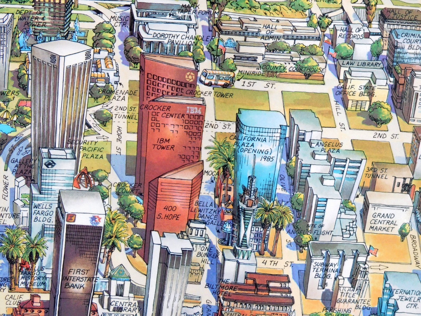 VTG 1984 Cartoon Map of DOWNTOWN LOS ANGELES LARGE Amazing LAMINATED ...
