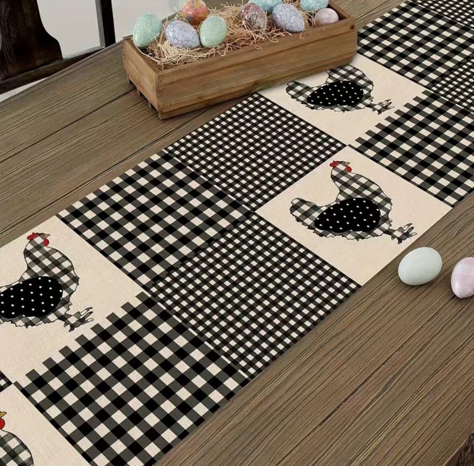 Rooster Hen Table Runner, Black White Buffalo Plaid 13X72 Chicken Chick ...