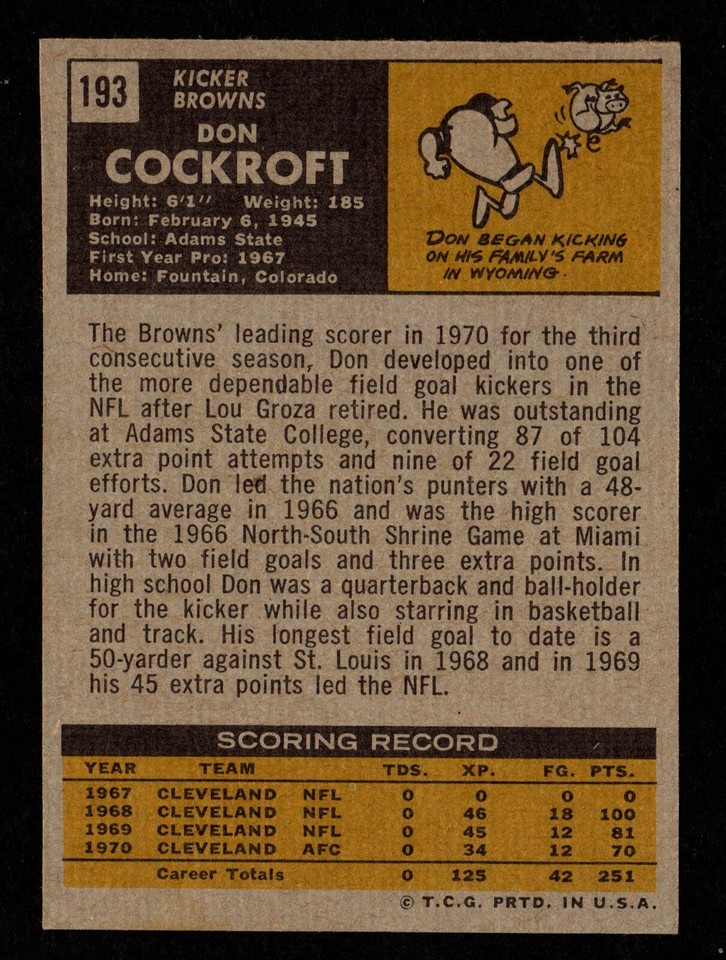 1971 Topps #193 Don Cockroft Cleveland Browns Football ROOKIE Card EX ...