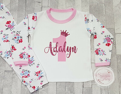 PERSONALISED BIRTHDAY FLORAL PYJAMAS PJS, Age 1,1st 2nd...Birthday Girl ...