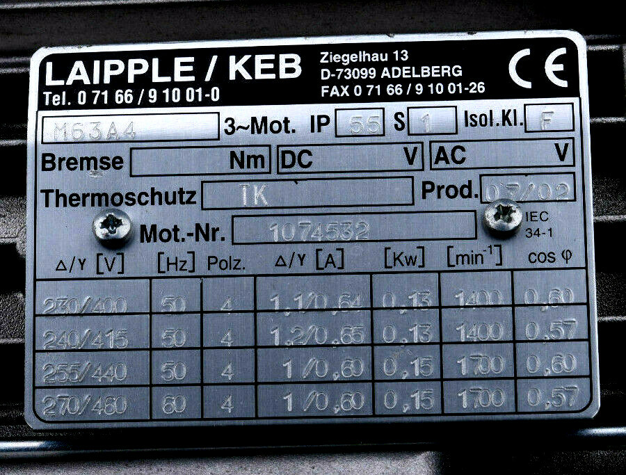 Laipple/KEB M63A4 + NMS30 Getriebe 2002/36287 Getriebemotor Welle:14mmØ ...