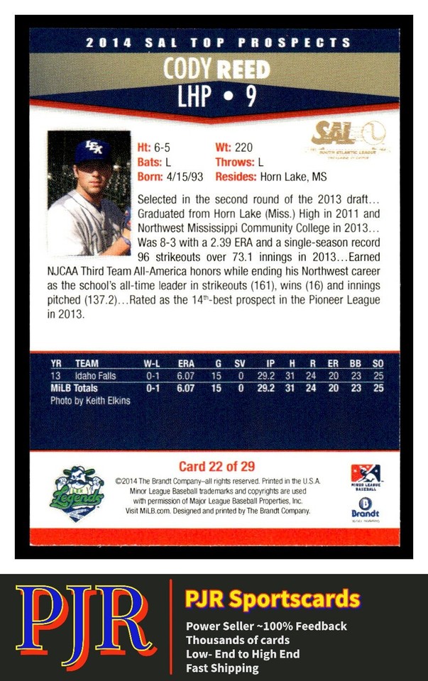 2014 Brandt South Atlantic League #22 Cody Reed Legends EXTRA 35% OFF 4 ...