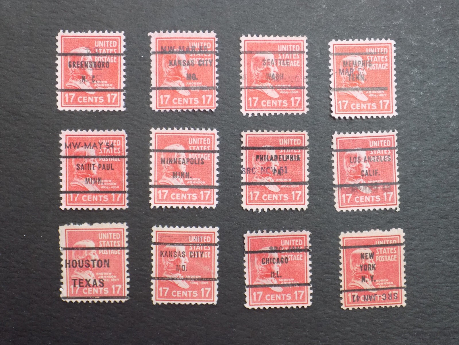 (12) USED US Different CITIES PREC DEF.-stamps-2-12-F-17 C A. JOHNSON ...