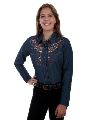 Scully Western Shirt Womens L/S Embroidery Rose Long Horn F0_PL-872 | eBay