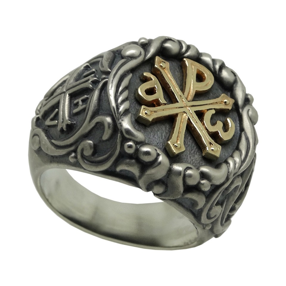 Knights Templar Chi Rho Gold 10K and Silver 925 Alfa Omega Men’s Ring ...