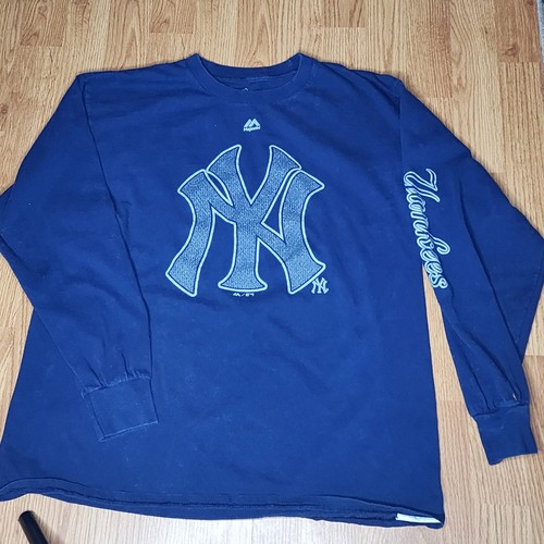 Mens L Majestic New York NY Yankees MLB Baseball Long Sleeve Shirt Side ...