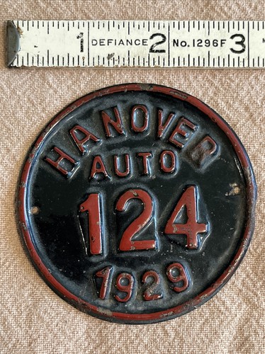 Vintage 1929 Auto or Motorcycle License Plate Tag Hanover Auto 124 ...