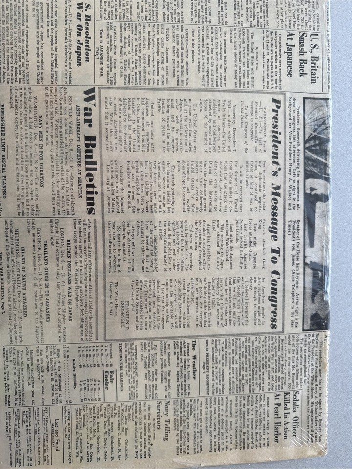 SEALED ST LOUIS STAR-TIMES DEC 8, 1941 NEWSPAPER - "WAR DECLARED ...