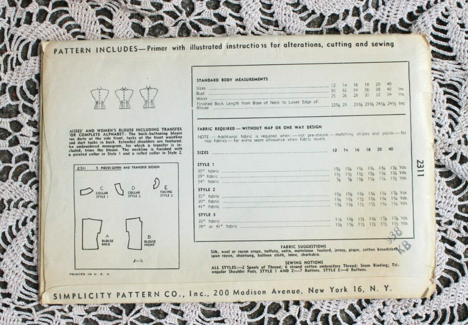 Vintage 1940's Simplicity 2311 Pattern Cute Blouse w Monogram Complete ...