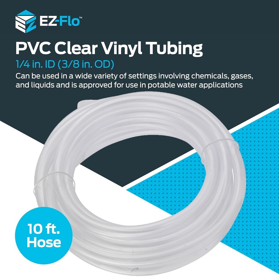 EZ-FLO 1/4" ID 3/8" OD PVC Clear Vinyl Tubing 10Ft Length 1./16 ...