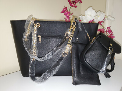 Deluxity 3 Pc. Set: Large Tote Bag, Crossbody Bag & Wristle Black Vegan ...