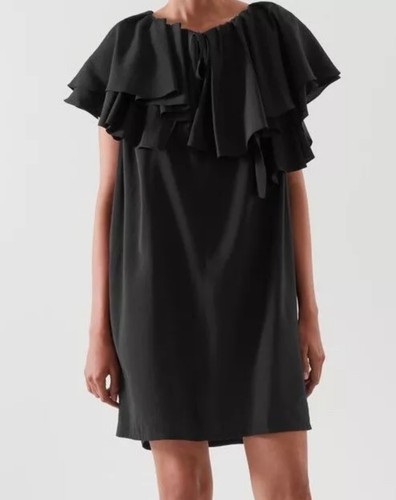 COS Women's Ruffled Neck Knee Length Mini Tunic Shift Dress Black Size ...