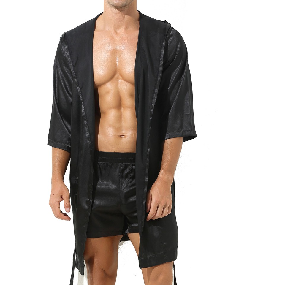 Men Satin Kimono Robes Classic Silky Bathrobe Open Front Hooded Robes ...