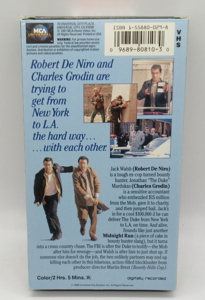 MIDNIGHT RUN VHS VIDEO MOVIE, ROBERT DE NIRO, CHARLES GRODIN, JOHN ...